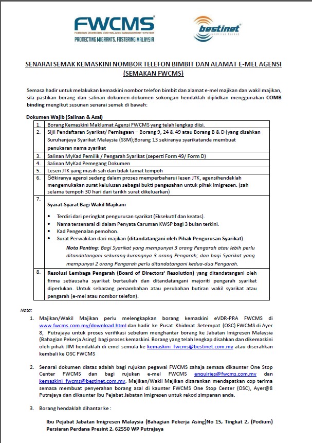 Senarai Semak Kemaskini Maklumat Majikan – FWCMS – PRA – FWCMS®